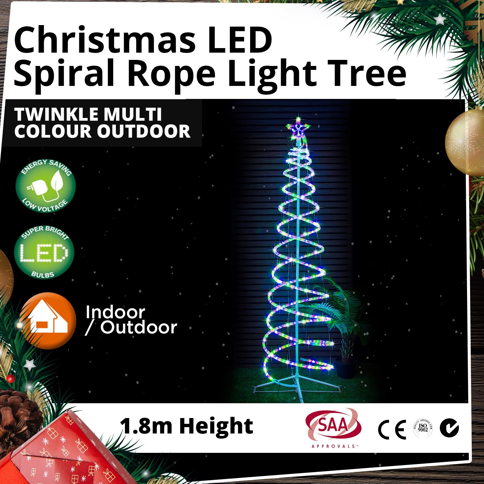 LED Christmas Lights Spiral Rope Light Tree 1.8m Twinkle Multi Colour ...