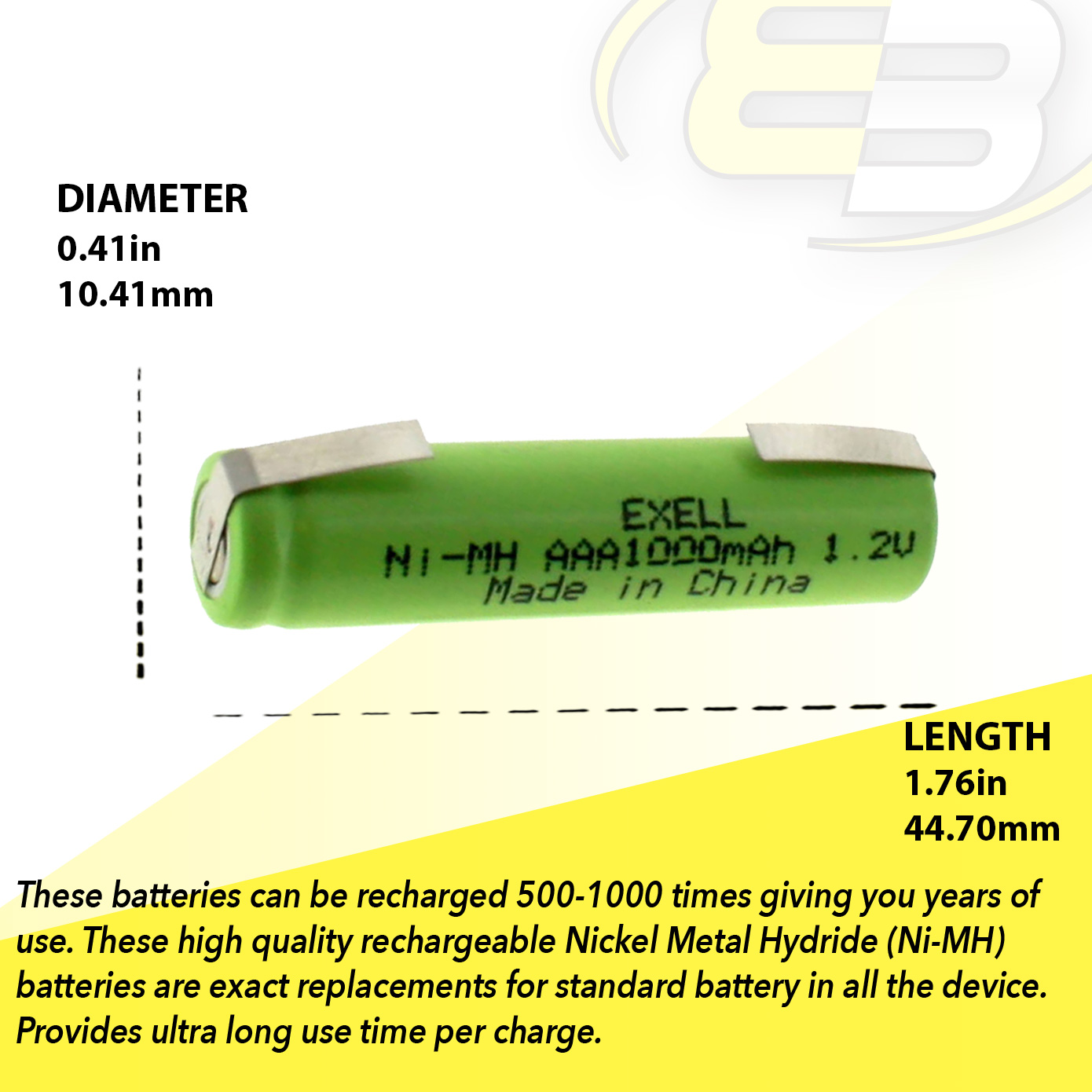 Exell 1.2-Volt Nickel-Metal Hydride Rechargeable Battery with Tabs AAA ...
